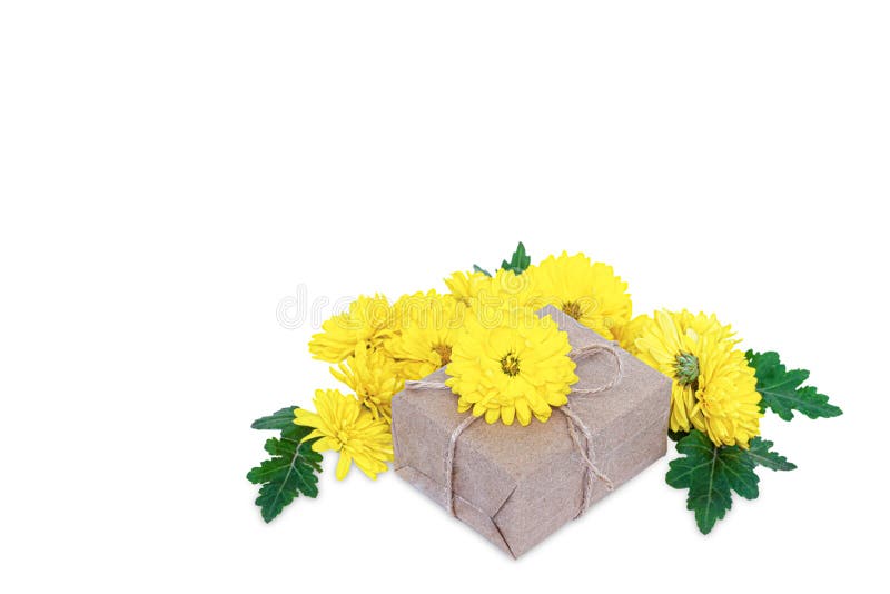Gift Box Wrapped Decorated with Yellow Spring Flowers Stock Image ...