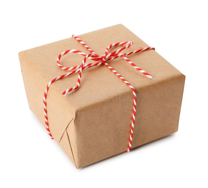 Gift Box Wrapped in Kraft Paper with Bow Isolated on White Stock Photo ...