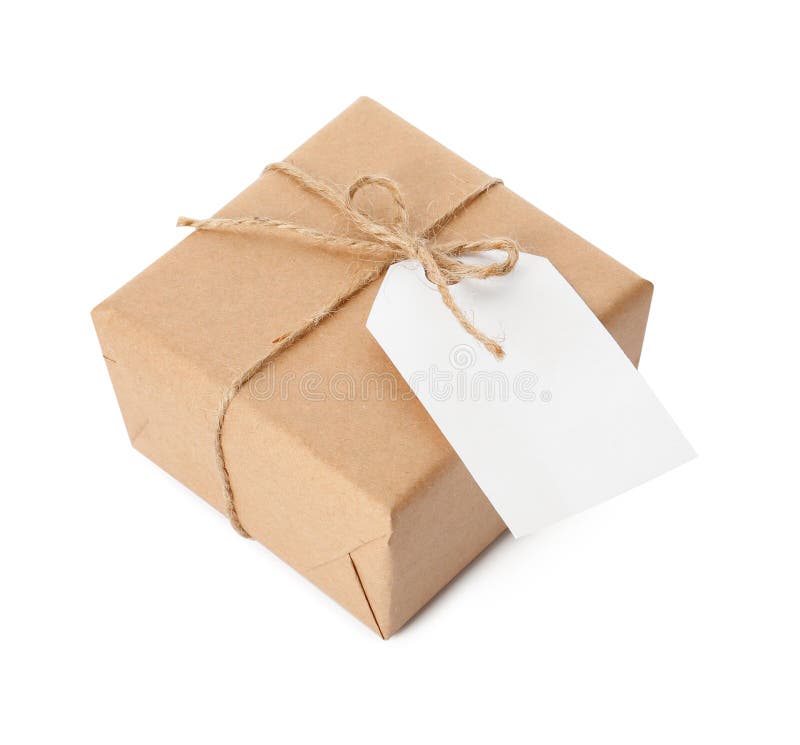 Gift Box Wrapped in Kraft Paper with Bow and Tag Isolated on White ...