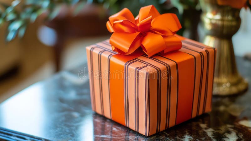 Gift Box Wrapped in Orange Stripped Paper with an Orange Bow Stock ...