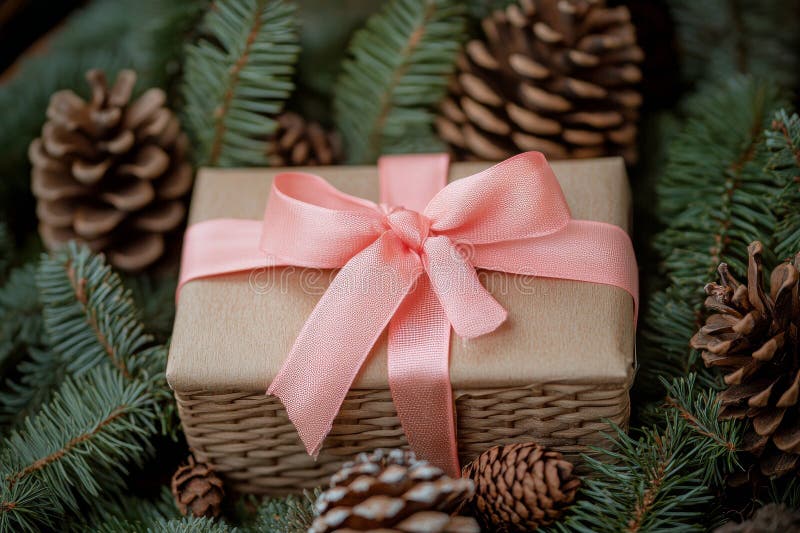 Gift Box Wrapped in Pink Ribbon Surrounded by Pinecones and Evergreen ...