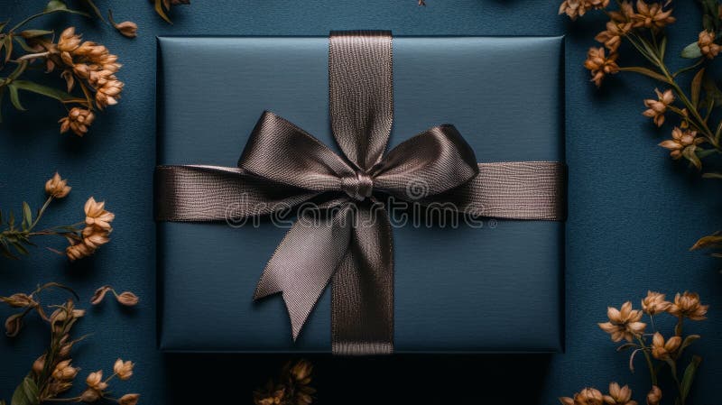The Gift Box is Wrapped with a Ribbon and Has Light Blue Flowers Around ...