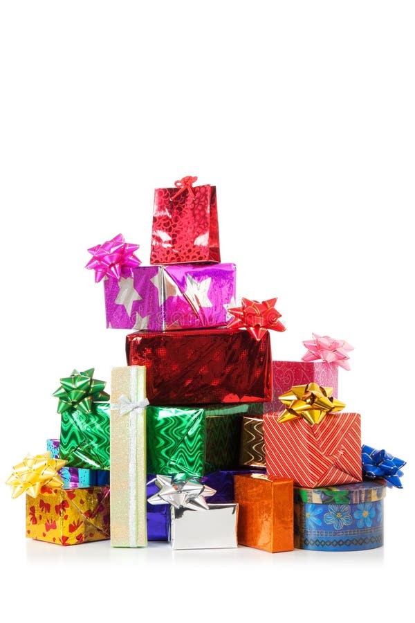 Tall Stack of Christmas Presents Isolated on White Stock Photo - Image ...