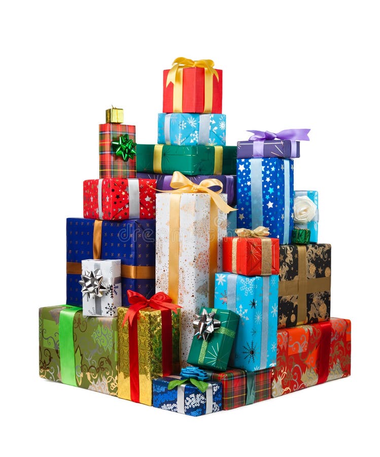 Tall Stack of Christmas Presents Isolated on White Stock Photo - Image ...