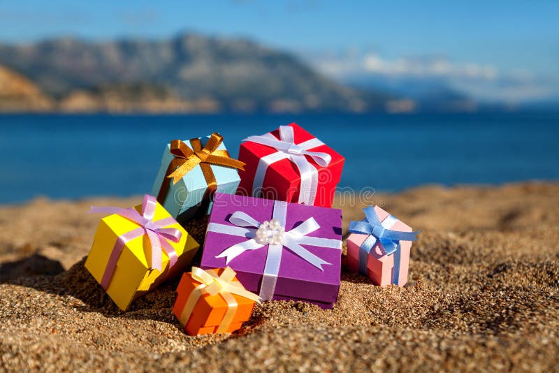 Gift boxes in a beach stock photo. Image of holiday, shore - 79271728