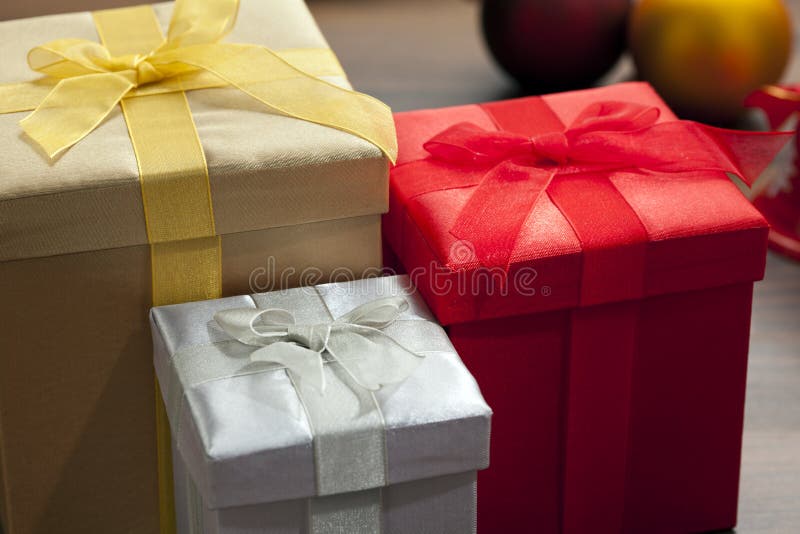 Gift boxes with bows stock photo. Image of silver, three - 21980586