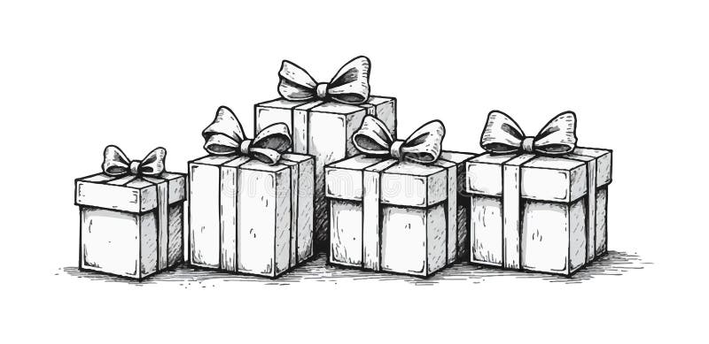 Gift Boxes with Bows in a Row. Outline Illustration Stock Illustration ...