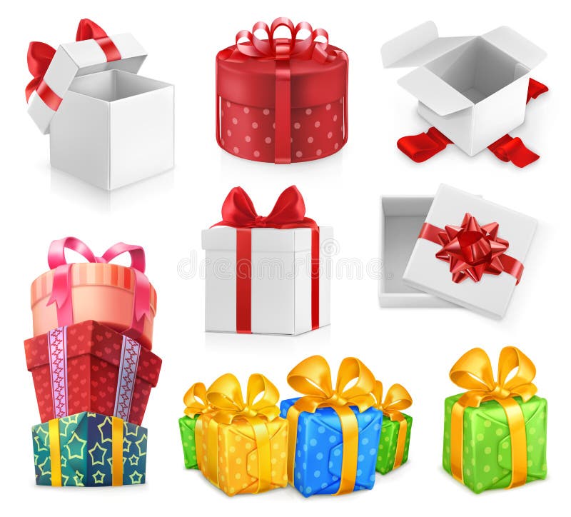 Gift Boxes with Bows. Vector Icon Set Stock Vector - Illustration of ...