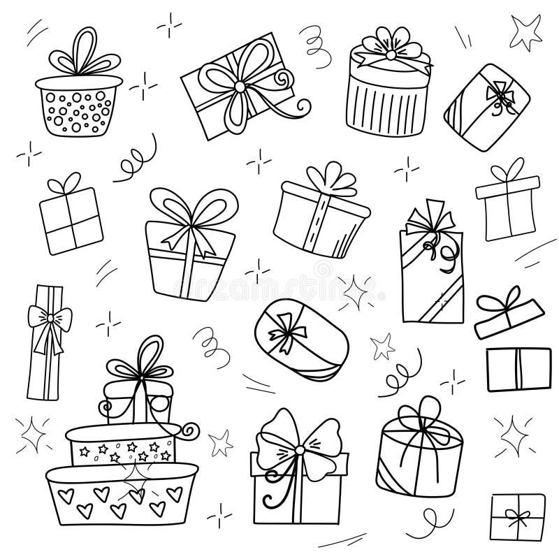 Big Set with Different Doodle Gift Boxes and Cute Doodle Elements ...