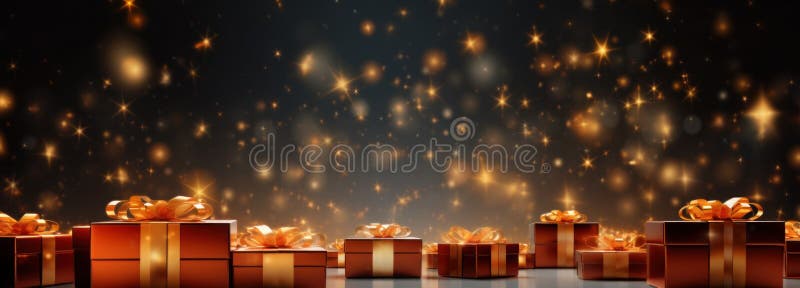 Gift Boxes Falling on a Table with Sparkly Stars Surrounding Them Stock ...