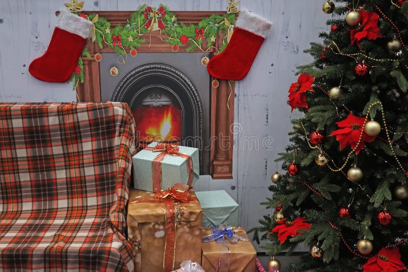 Gift Boxes by the Fireplace Stock Photo - Image of congratulations ...