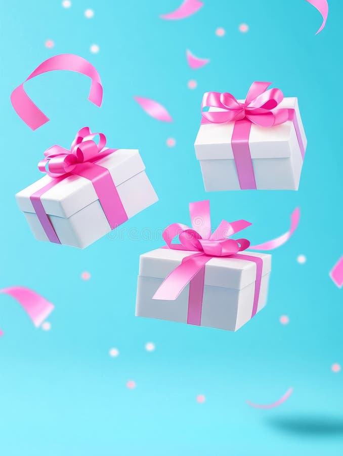 Gift Boxes Floating in Gentle Breeze Three White Gift Boxes with Pink ...
