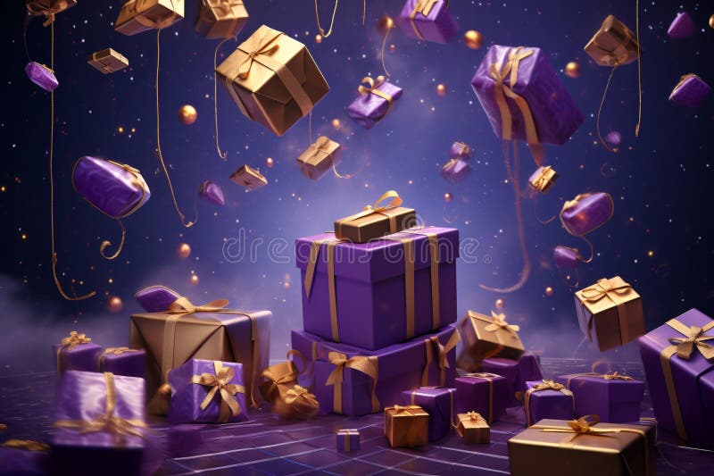 Gift Boxes Flying with Balloons and Confetti. 3D Rendering - Ai ...