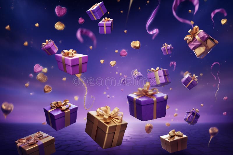 Gift Boxes Flying with Balloons and Confetti. 3D Rendering - Ai ...