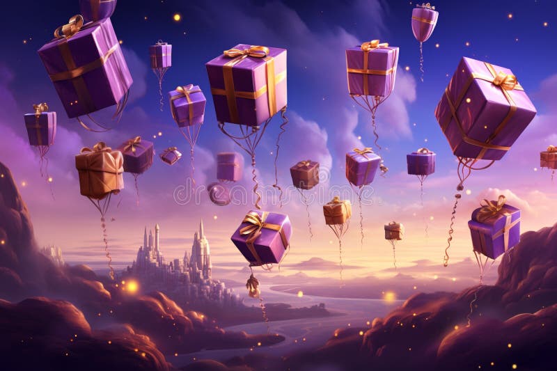 Gift Boxes Flying with Balloons and Confetti. 3D Rendering - Ai ...