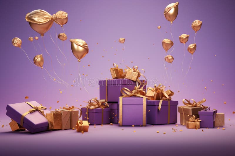 Gift Boxes Flying with Balloons and Confetti. 3D Rendering - Ai ...