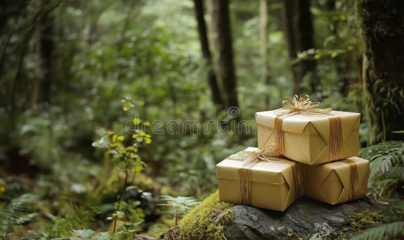 Gift Boxes in Forest Setting, Three Golden Wrapped Packages Stacked on ...