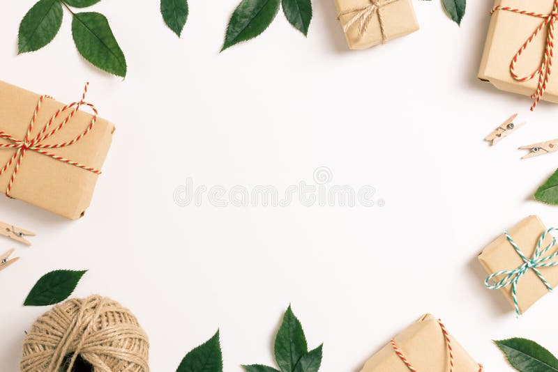 Gift Boxes with Green Leaves Stock Photo - Image of arrangement ...