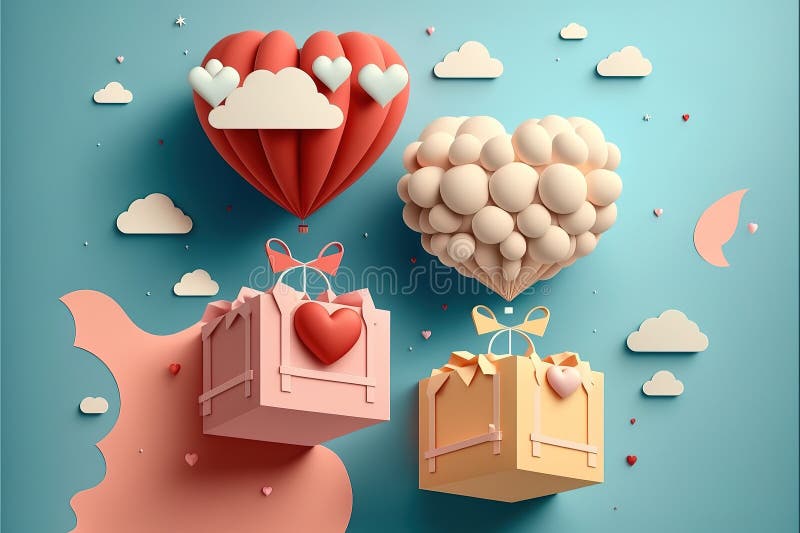 Gift Boxes with Heart Balloon Floating it the Sky Background ...
