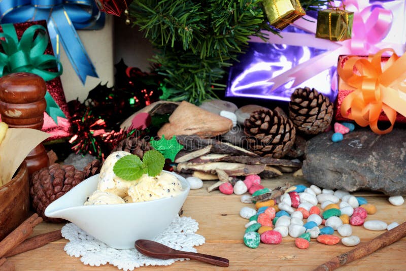 Gift Boxes and Ice Cream To Celebrate Christmas. Stock Photo - Image of ...