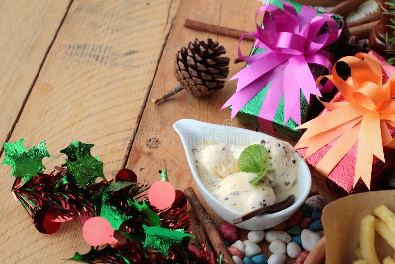 Gift Boxes and Ice Cream To Celebrate Christmas. Stock Photo - Image of ...