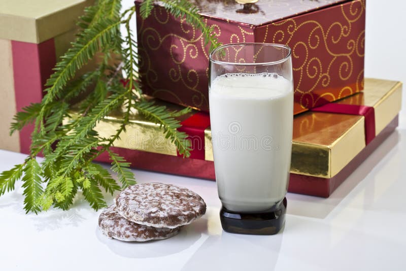 Gift Boxes, Milk and Cookies Stock Photo - Image of golden, holiday ...
