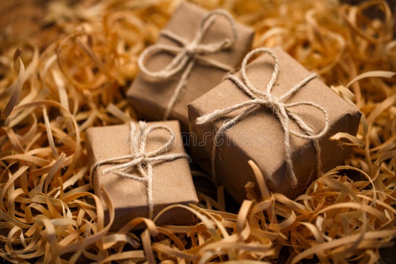 Gift Boxes in Natural Style in Natural Wood Shavings. Rustic Style ...