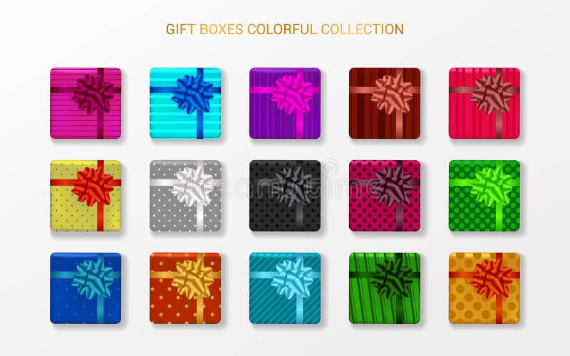 Gift Boxes with Patterns and Bows in Different Colors. Set of Realistic ...