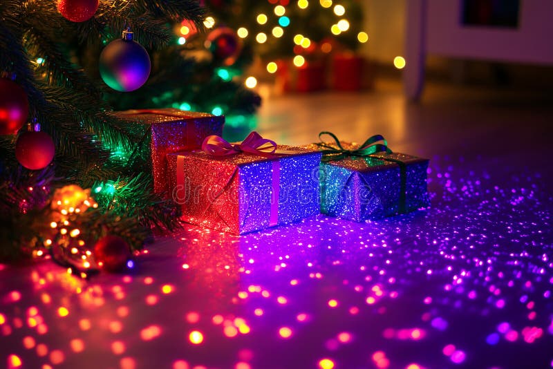 Gift Boxes and Pine Tree. Multicolor Lighting. by Generative Ai Stock ...