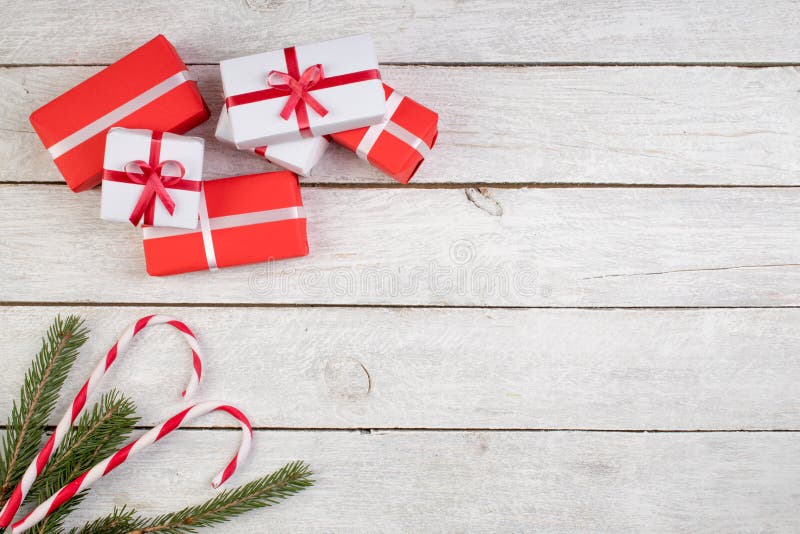 Gift Boxes and Present for Christmas on Wood Table. Top View with Copy ...