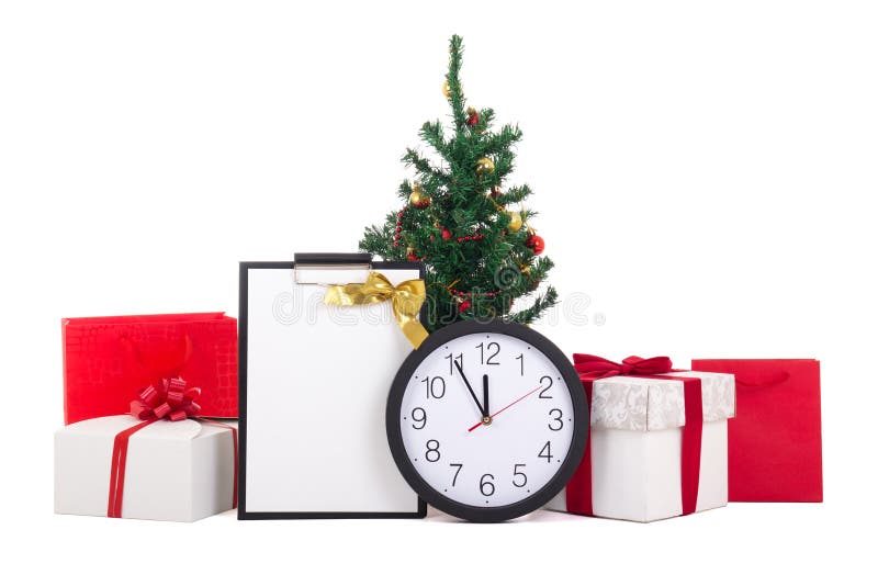 Gift Boxes with Red Ribbon, Wish List, Christmas Tree and Clock Stock ...