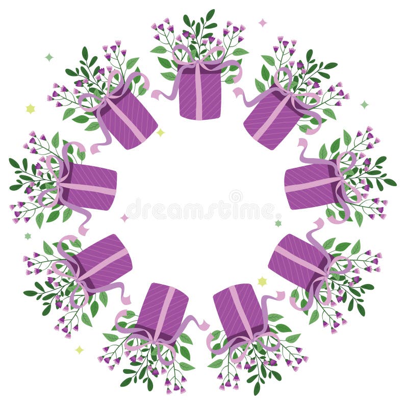 Gift Boxes Round Frame. Additionally Decorated with Twigs with Flowers ...