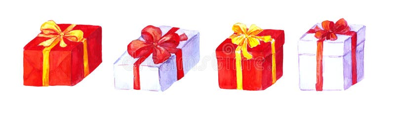 Gift Boxes Set with Ribbon Bow. Watercolor Presents Collection Stock ...