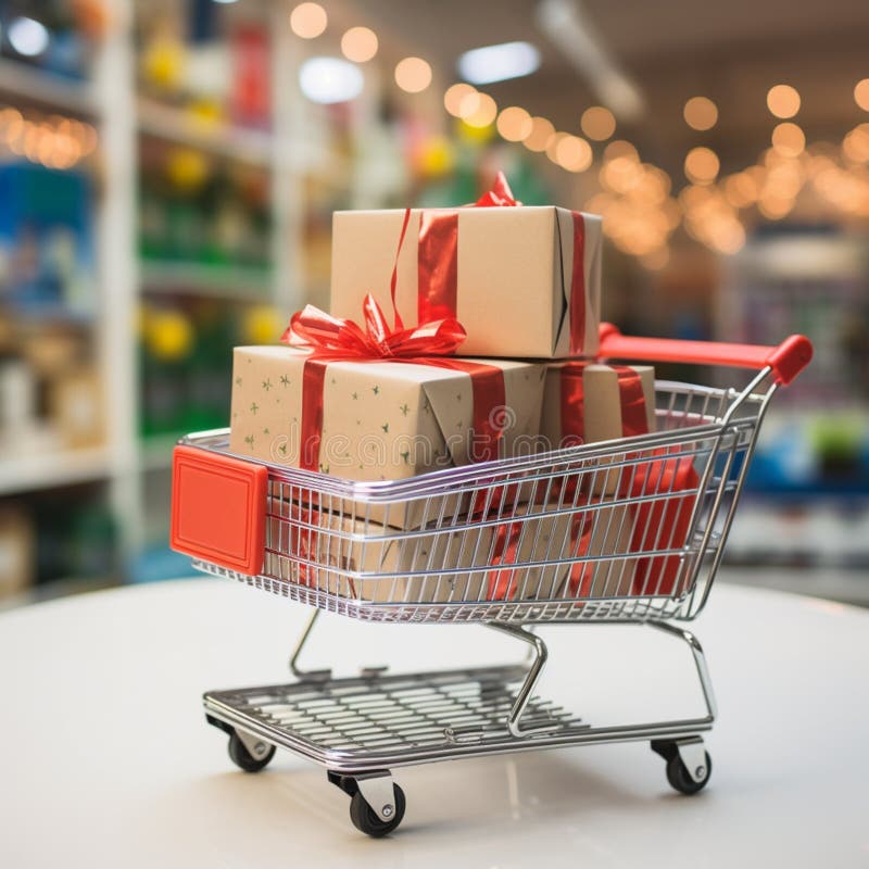 Gift Boxes in Shopping Cart in Supermarket, GenerativeAI Stock ...