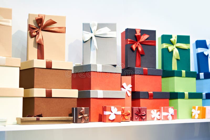 Gift boxes on store shelf stock image. Image of gold - 171429171