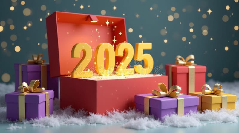 Gift Boxes Surrounding a 2025 Sign Glowing Inside Another Gift Box ...