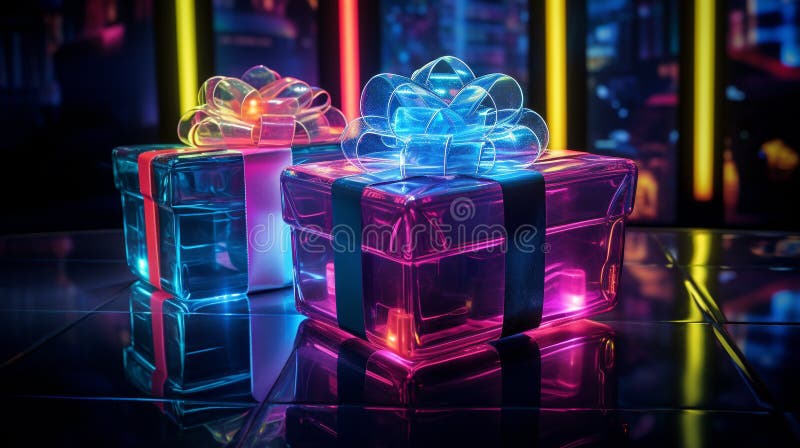 Gift Boxes on the Table in Neon Lighting Stock Illustration ...