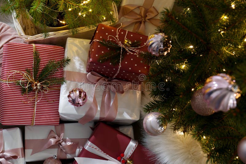 Gift Boxes Under Christmas Tree, Above View Stock Photo - Image of room ...