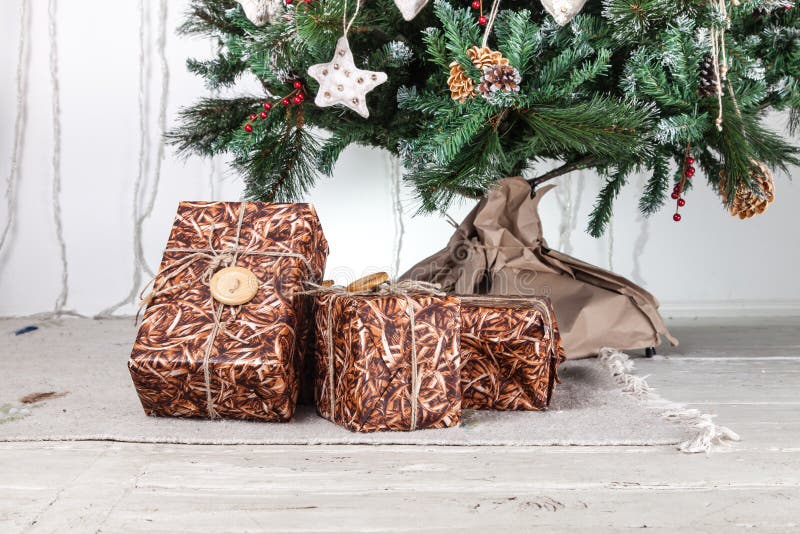 Gift Boxes Under Christmas Tree Stock Image - Image of objects, macro ...