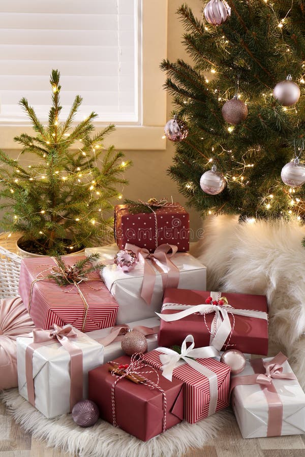 Gift Boxes Under Small and Big Christmas Trees Indoors Stock Photo ...