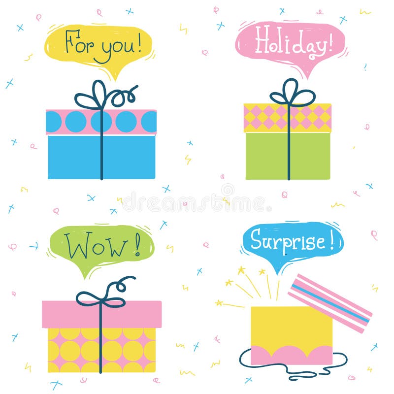 Gift Boxes .Vector Set of Color Presents with Text Isolated on W Stock ...