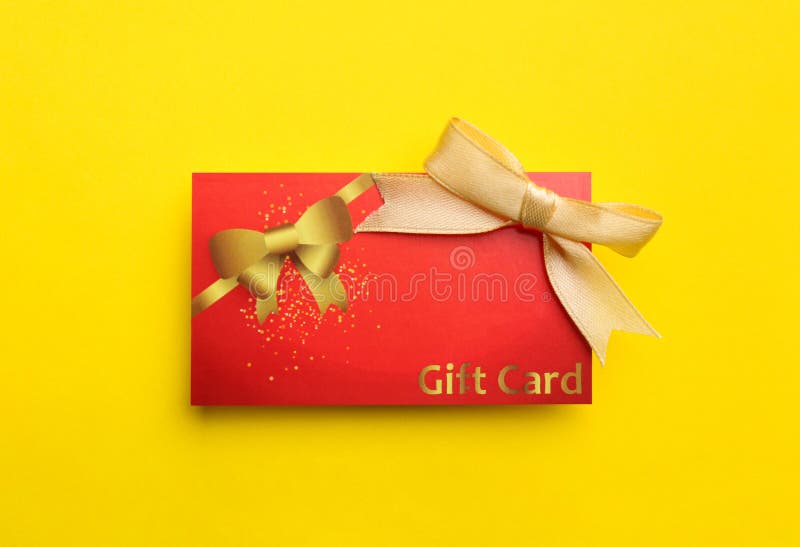Gift Card with Bow on Yellow Background, Top View Stock Image - Image ...