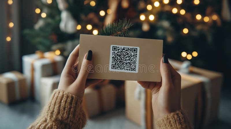 Gift Card Featuring a Christmas QR Code in Front of a Decorated Tree ...
