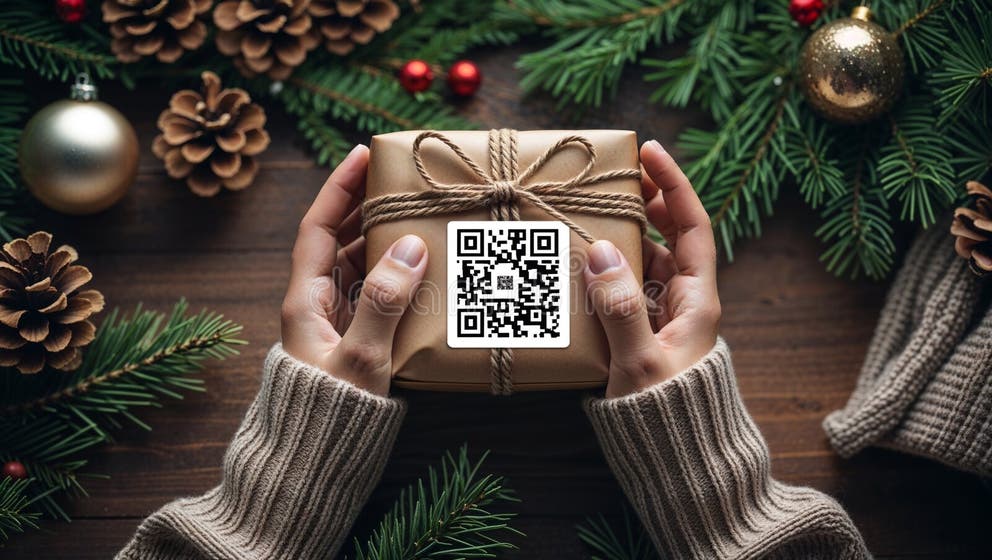 Gift Card with QR Code Surrounded by Christmas Decorations and Presents ...