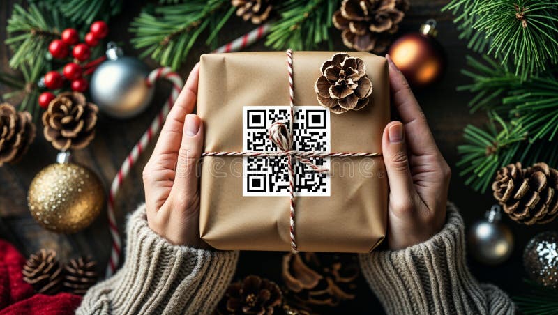 Gift Card with QR Code Surrounded by Christmas Decorations and Presents ...
