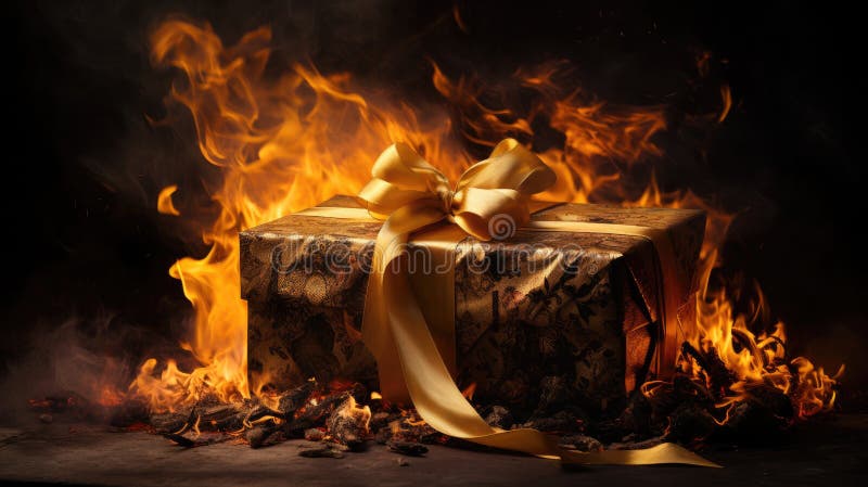 Gift Christmas Box in a Package with a Bow in the Flame of Fire. Stock ...