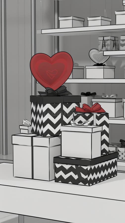 Gift Display with Heart-shaped Element in Monochrome and Red Stock ...
