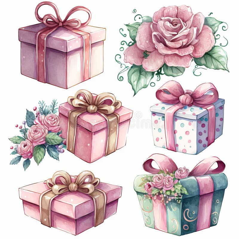 Gift Drawing with Bows and Flowers on White Background Watercolor ...