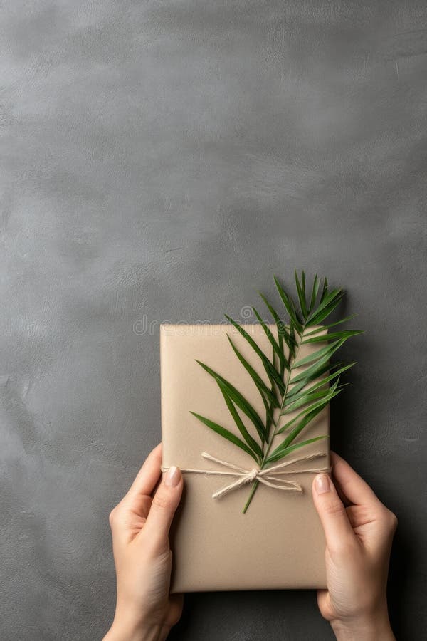 Gift is Elegantly Wrapped with Natural Materials, Held by Hands Against ...