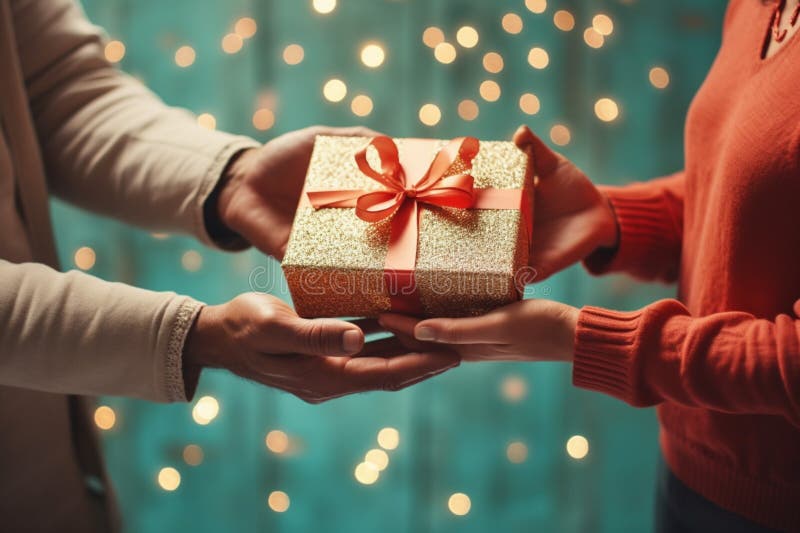 Gift Exchange: Man Presents Gift To Woman Against Backdrop with Ample ...